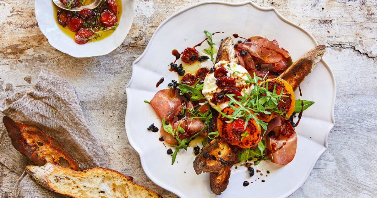 Food and Travel Magazine | Bresaola, burrata and grilled peach salad