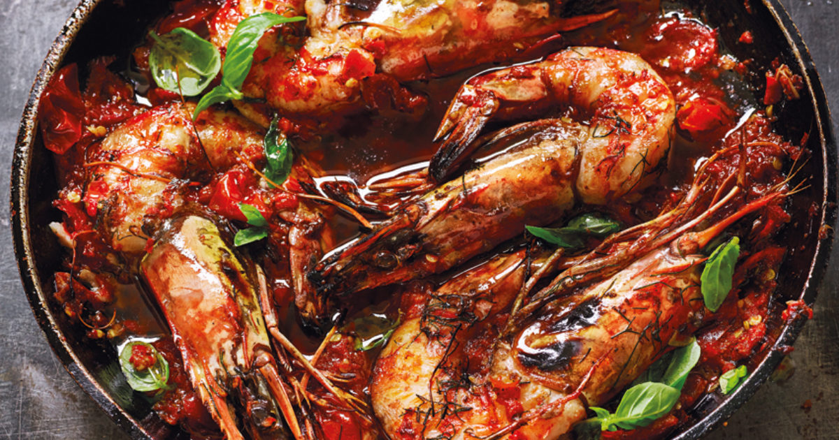 Food and Travel Magazine | Marinated monster prawns with pil-pil sauce