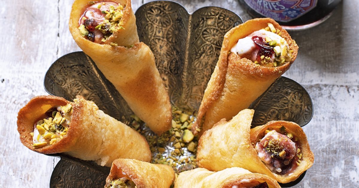 Food and Travel Magazine | Tuile cones with cherry and pistachio cream